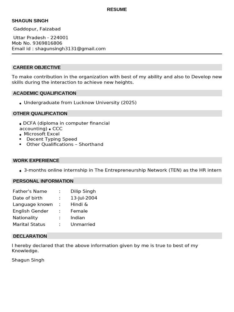 Resume of Shagun Singh | PDF