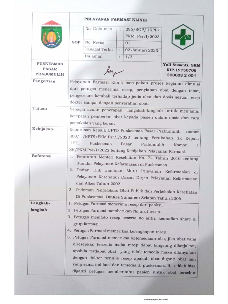 SOP Pelayanan Farmasi Klinik | PDF
