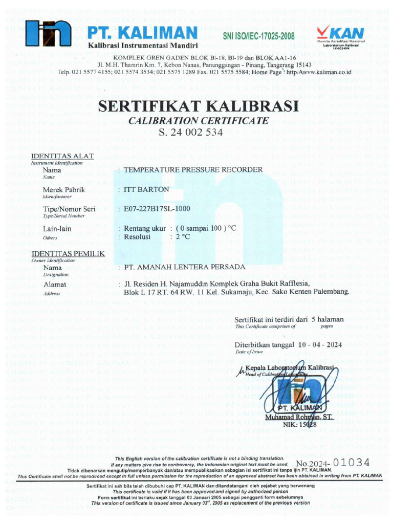Sertifikat Kalibrasi Temperature 1000 | PDF