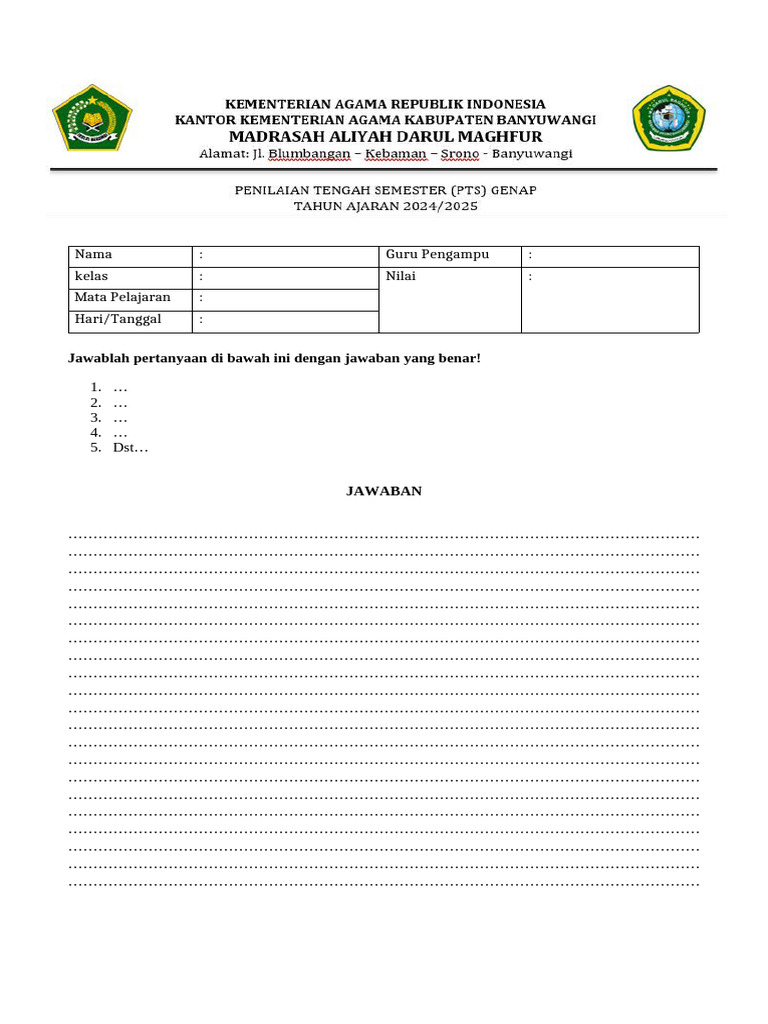 Kop Soal Pts Ganjil 24-25 | PDF