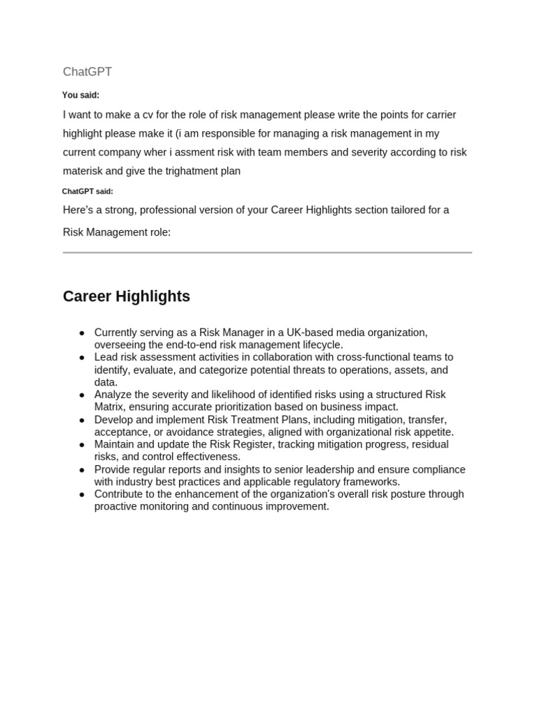 Risk Management CV Highlights | PDF