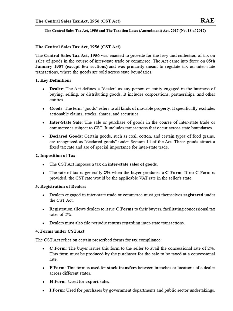 RAE-2 - The Central Sales Tax Act | PDF | Taxes | Value Added Tax