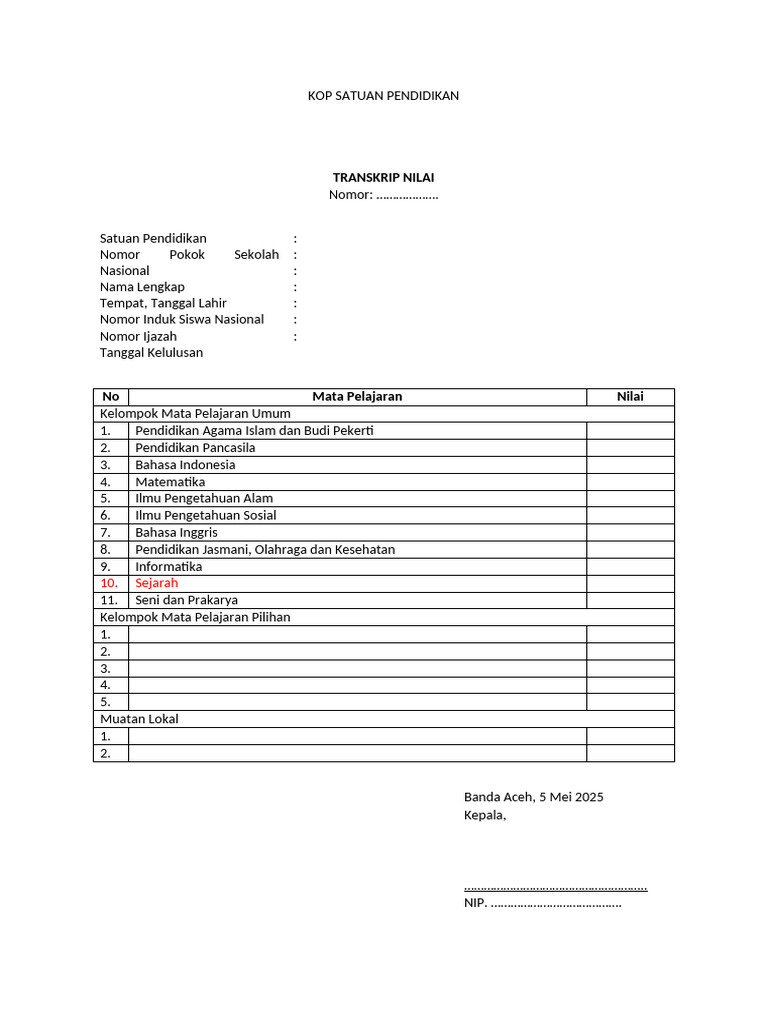 Contoh Format Transkrip Nilai Kurikulum Merdeka | PDF