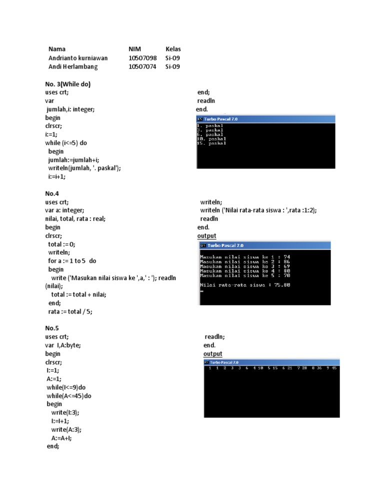 Pascal Programming Exercises and Outputs | PDF