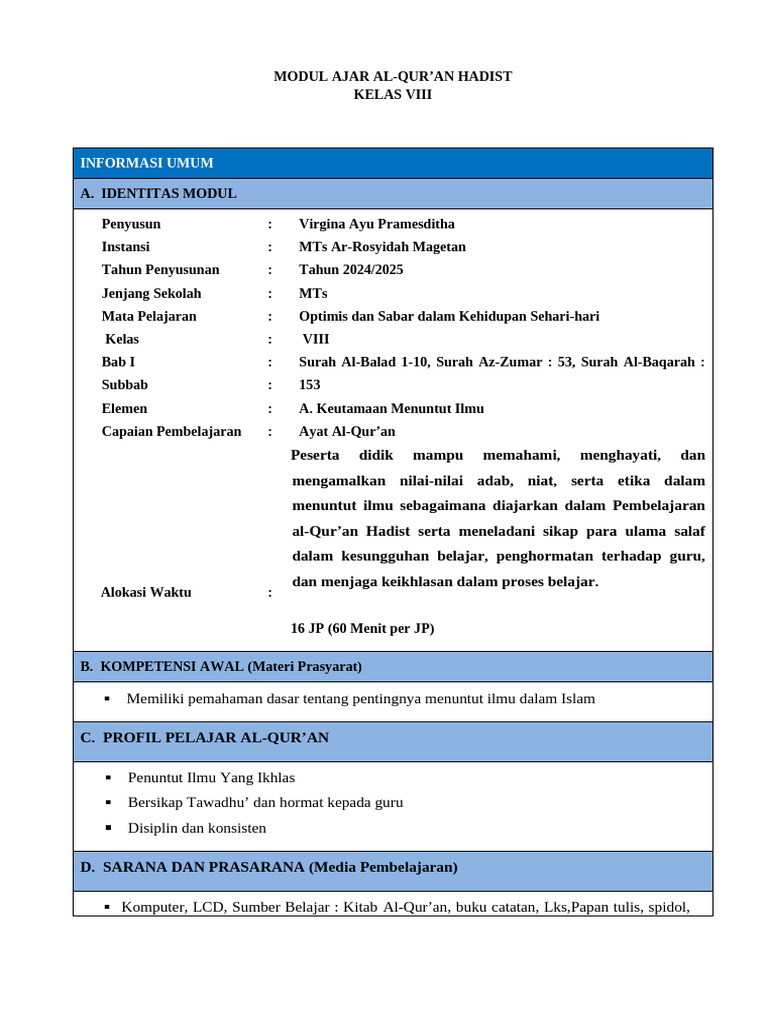 Modul Ajar Qurdis VIII | PDF
