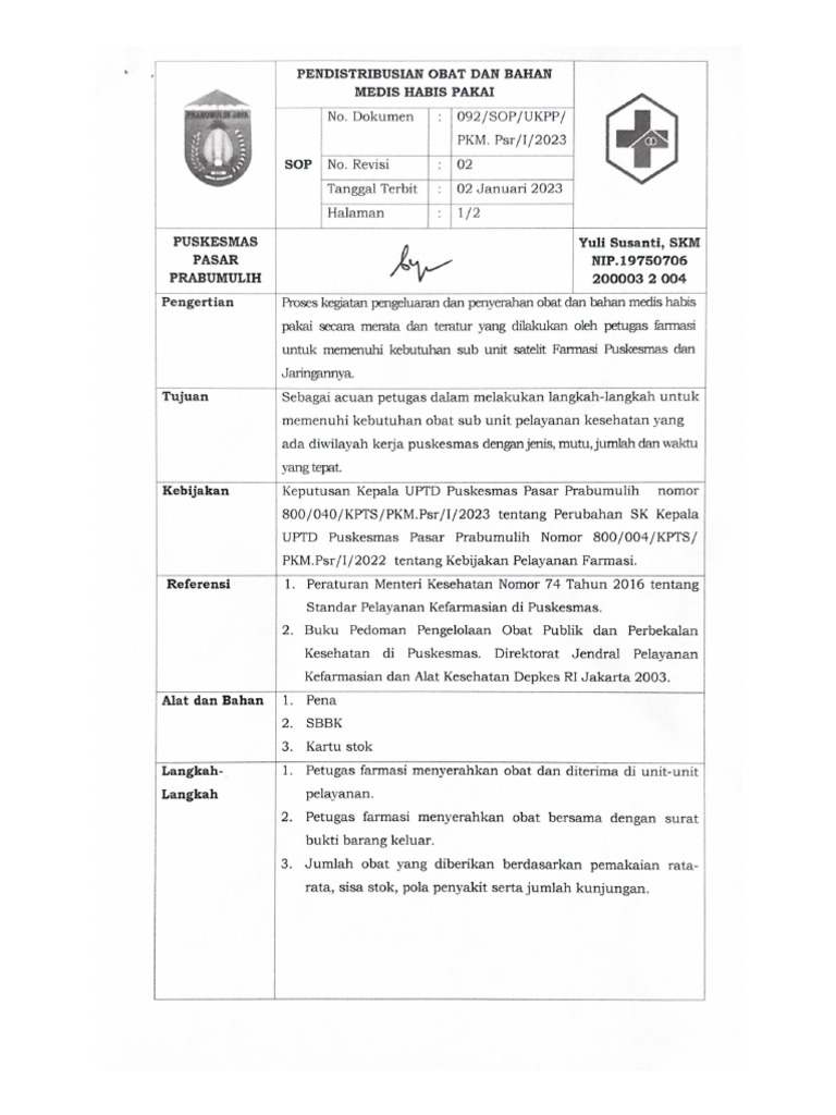 Sop Pendistribusian Obat Dan BMHP | PDF