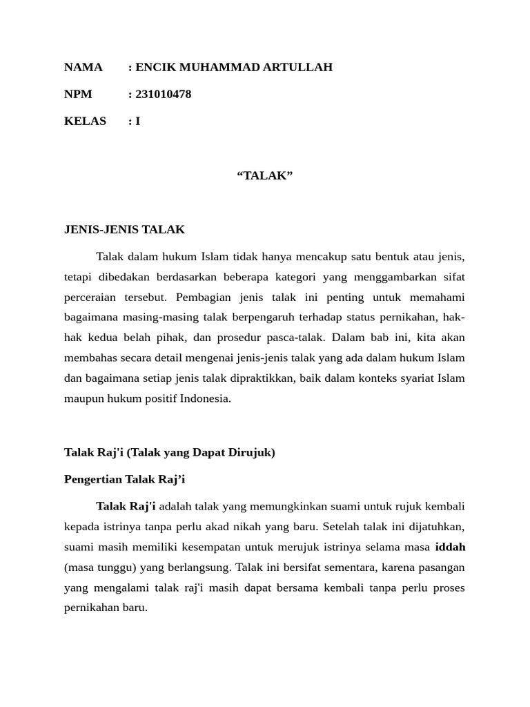 Jenis-Jenis Talak dalam Hukum Islam | PDF