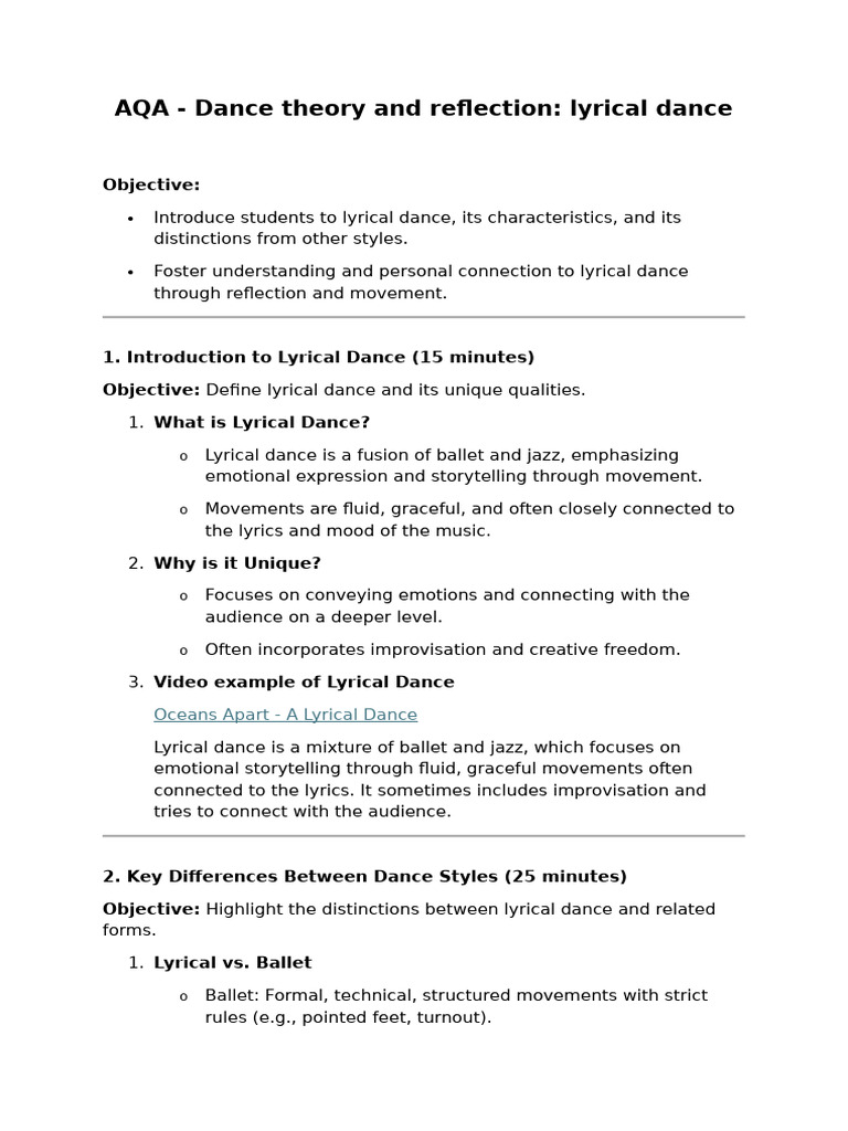 Dance Theory and Reflection - Lyrical Dance - Lesson Plan | PDF | Dances | Ballet