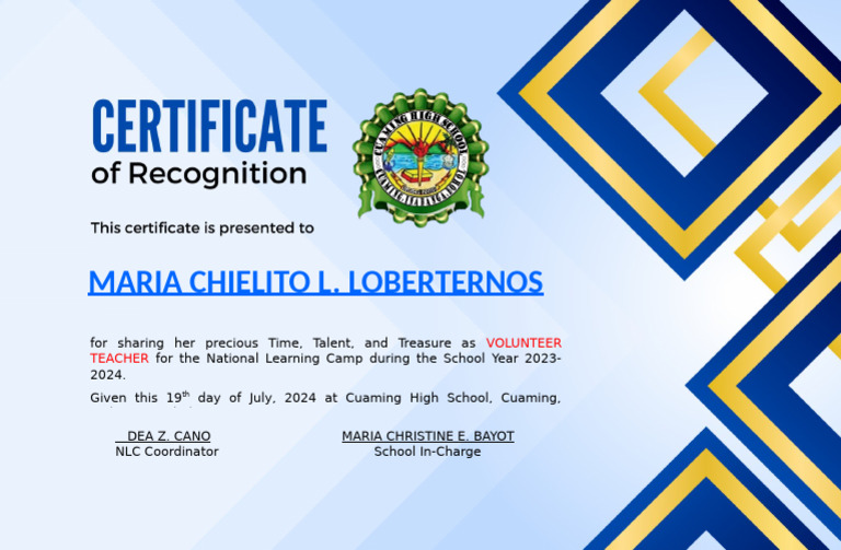 National Learning Camp Certificate of Recognition | PDF