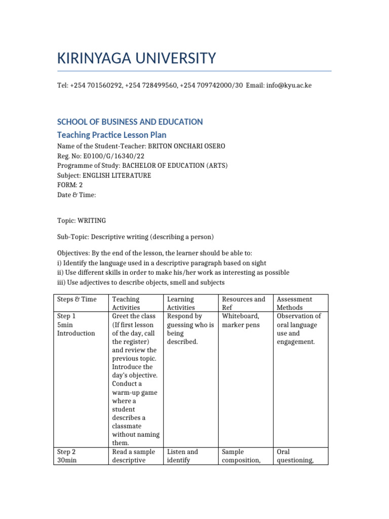 Descriptive Writing Lesson Plan | PDF | Lesson Plan | Procedural Knowledge