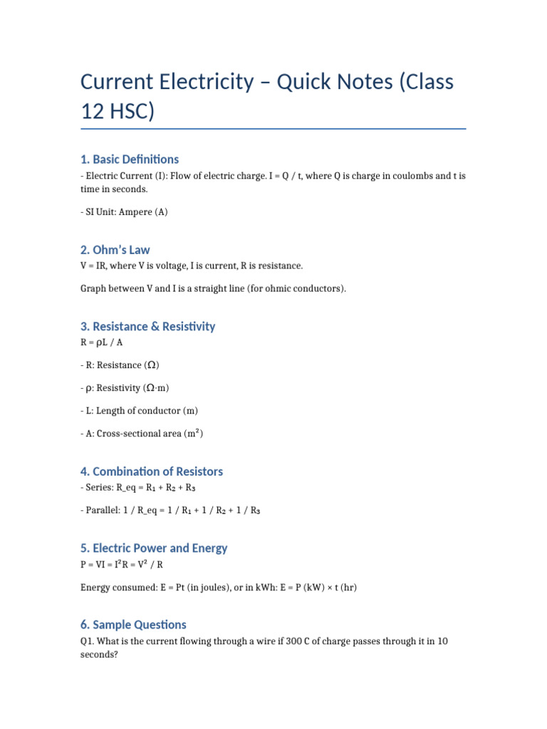 Current Electricity Notes for Class 12 HSC | PDF