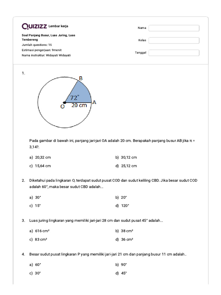 Soal Panjang Busur, Luas Juring, Luas Tembereng - Quizizz | PDF