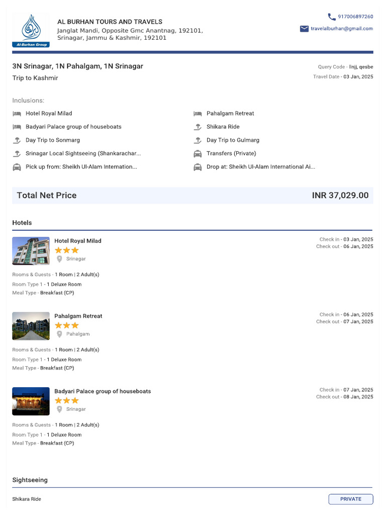 3N Srinagar, 1N Pahalgam, 1N Srinagar | PDF