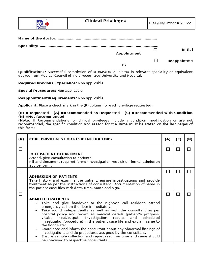 Clinical Privileges for Resident Doctors | PDF | Surgery | Emergency ...
