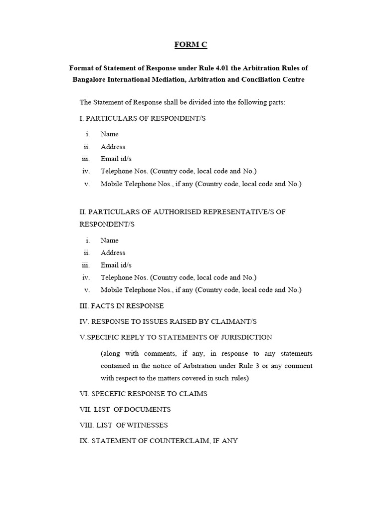 Form C Format of Response To Claim Form | PDF
