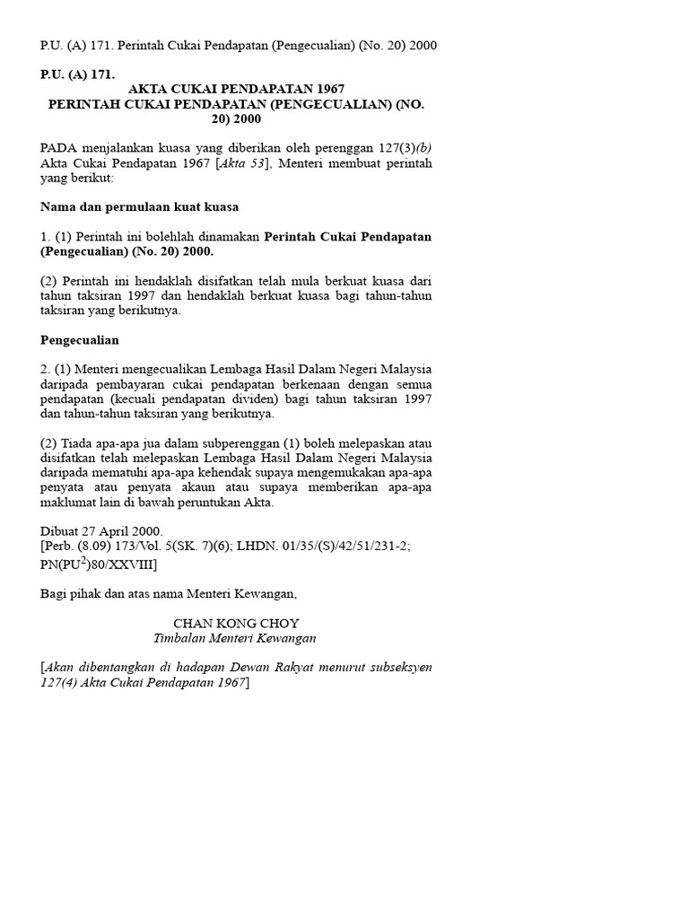 PUA 171 - 2000 - Pengecualian Cukai LHDN | PDF