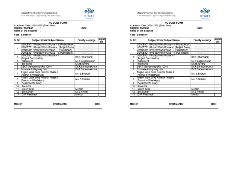 No Dues Form for 2024-2025 | PDF