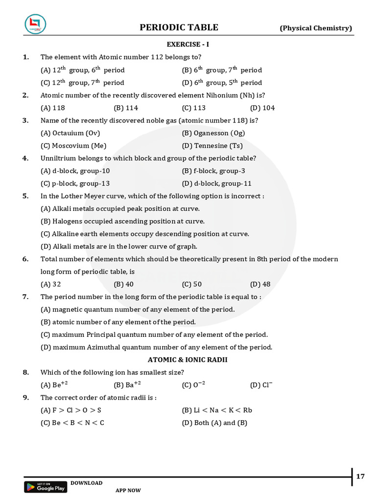 Sheet - 01 - Periodic Table | PDF | Periodic Table | Physical Chemistry