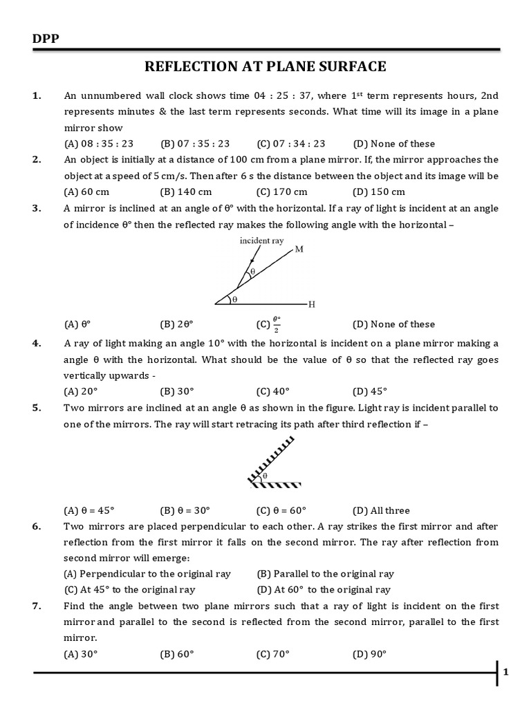 Reflection at Plane Surface Problems | PDF | Mirror | Reflection (Physics)