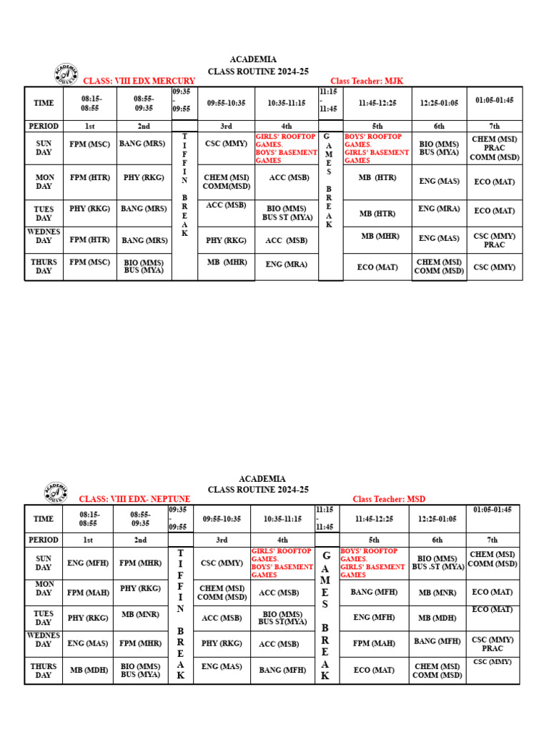Class VIII & IX Routine 2024-25 | PDF