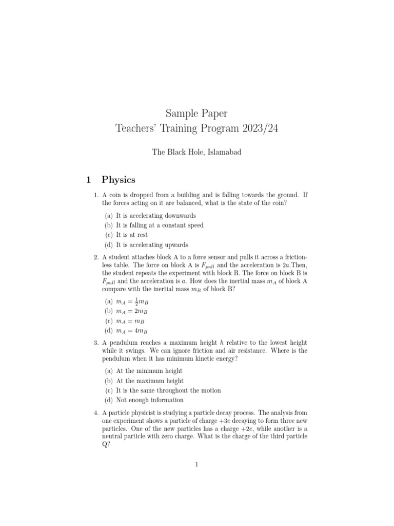 The Black Hole - Sample-Entrance-Test Paper | PDF | Force | Mass