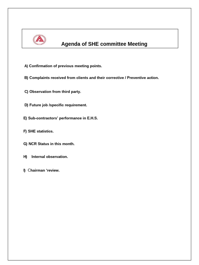 Standard Agenda For HSE Committee Meeting | PDF