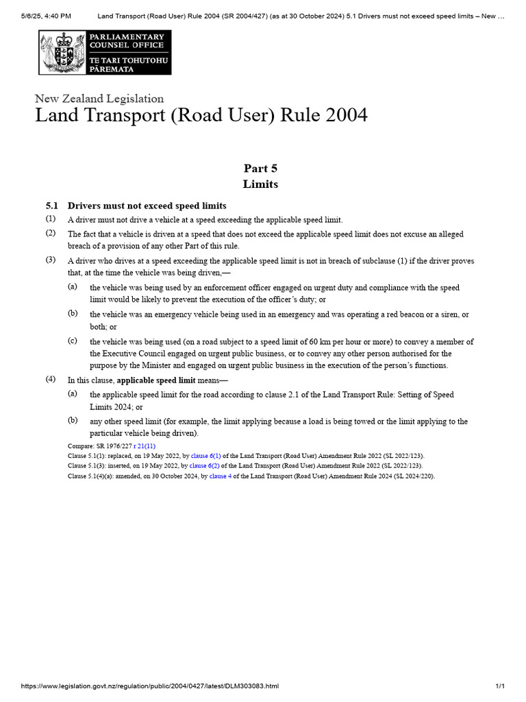5.1 Drivers Must Not Exceed Speed Limits - New Zealand Legislation ...