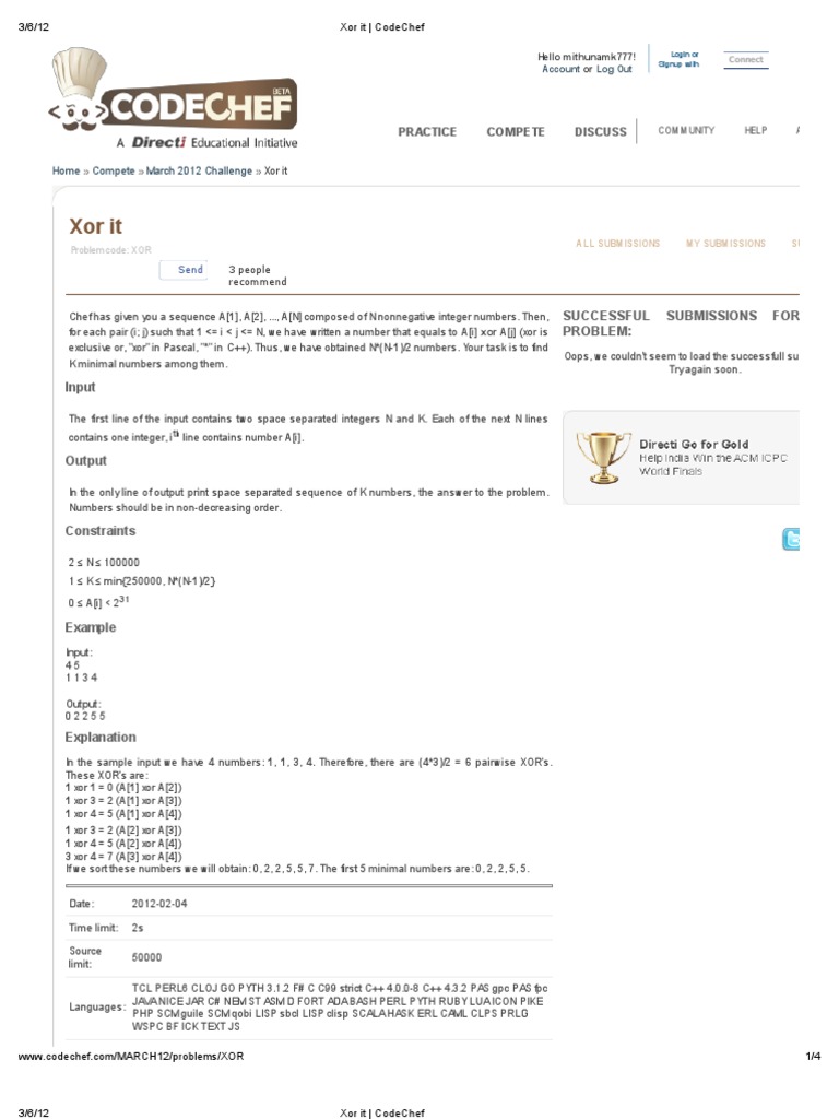 Xor It - CodeChef | PDF | Computer Programming | Internet Forum