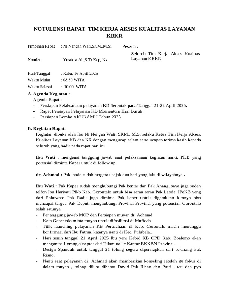 Notulensi - 16 April 2025 - Rapat Tim Kerja KBKR | PDF
