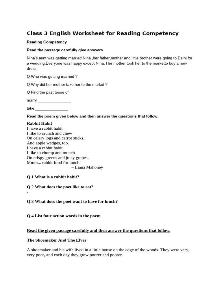 Class 3 English Worksheet For Reading Competency | PDF | Predation ...