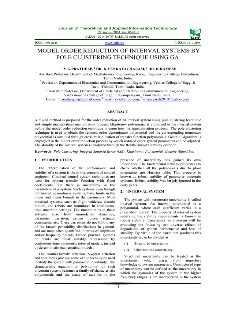 Model Order Reduction Of Interval Systems By Pole Clustering Technique Using Ga Pdf