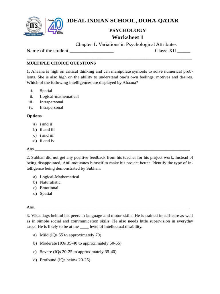 PSY XII Chap.1 Worksheet 1 | PDF | Intelligence | Intelligence Quotient
