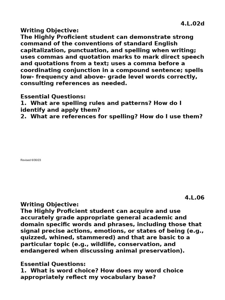 4th Grade Writing Standards For Posting | PDF | English Language | Word