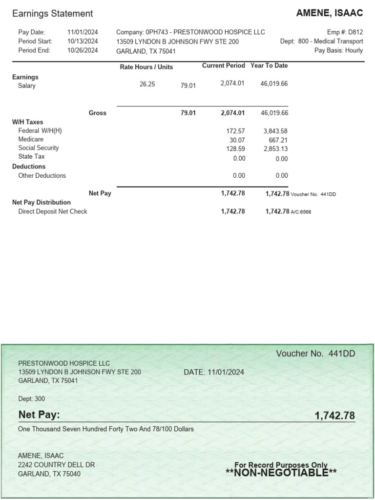 Prestonwood Hospice Earnings Statement | PDF