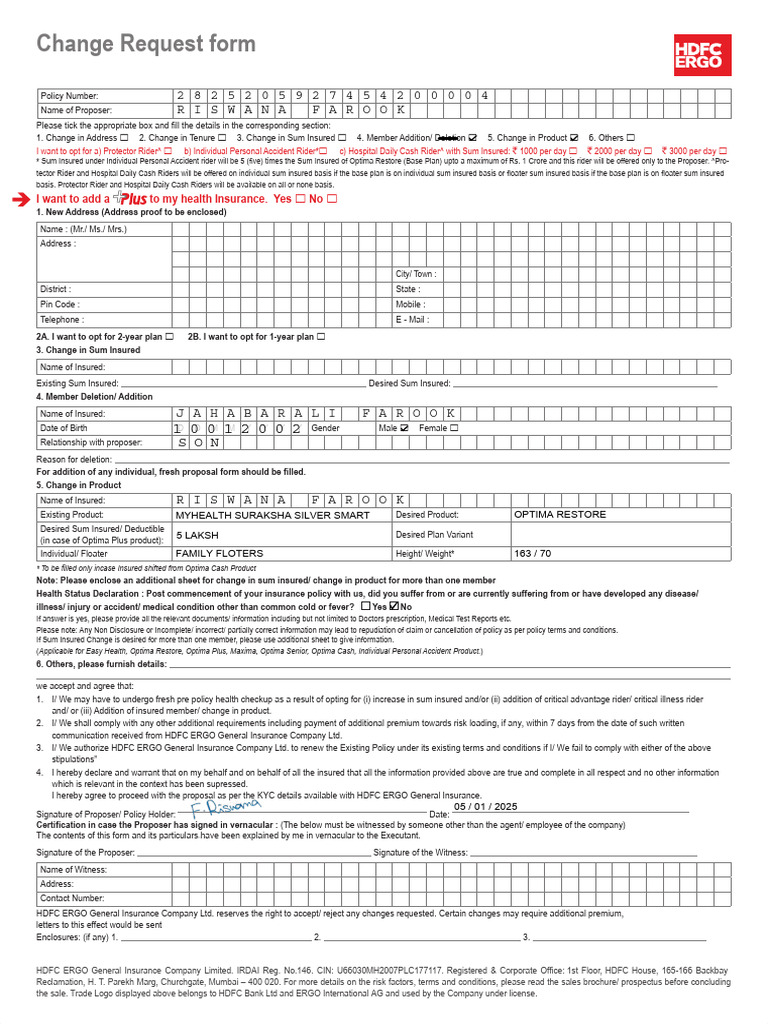 Change Request Form Restore (New) | PDF | Insurance