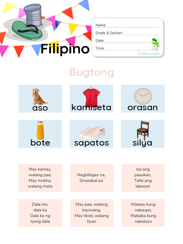Bugtong Worksheet For Grade 1 HuntersWoodsPH Filipino | PDF