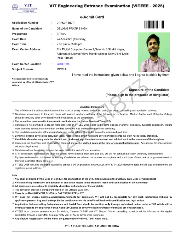Admitcard Viteee | PDF