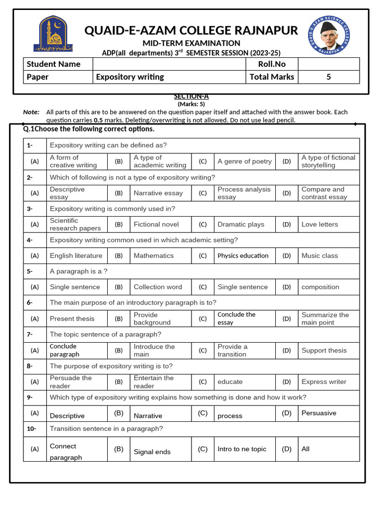 Expository Writing Mid-Term Exam 2023-25 | PDF | Essays | Written ...