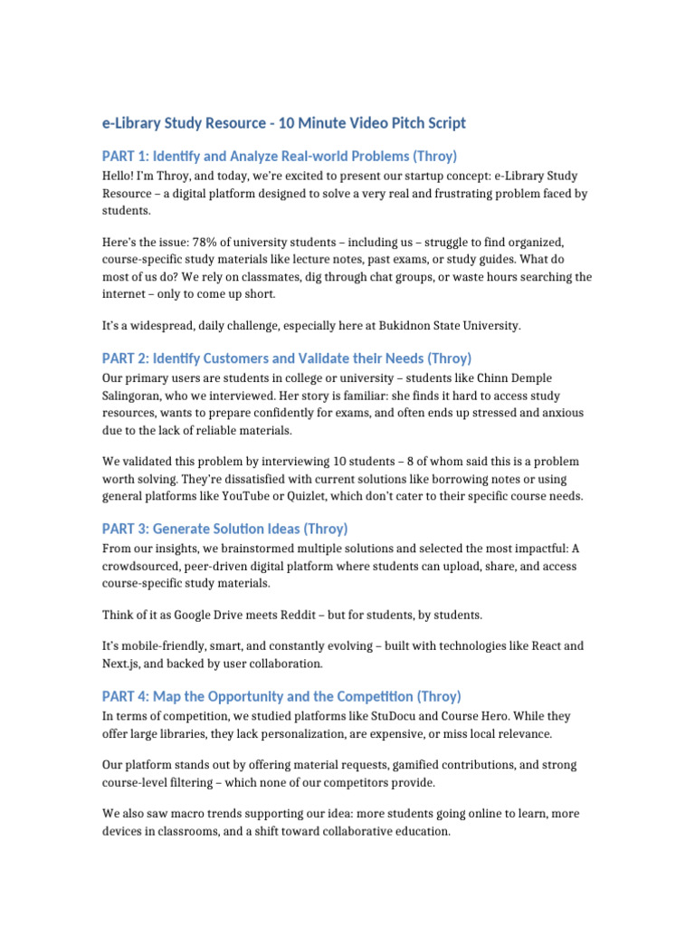 e-Library_Startup_Pitch_Script | PDF | Prototype | Human Communication