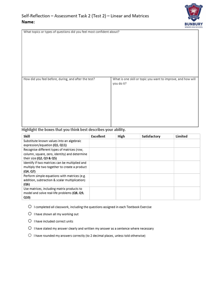 Self-Reflection on Linear Algebra Skills | PDF