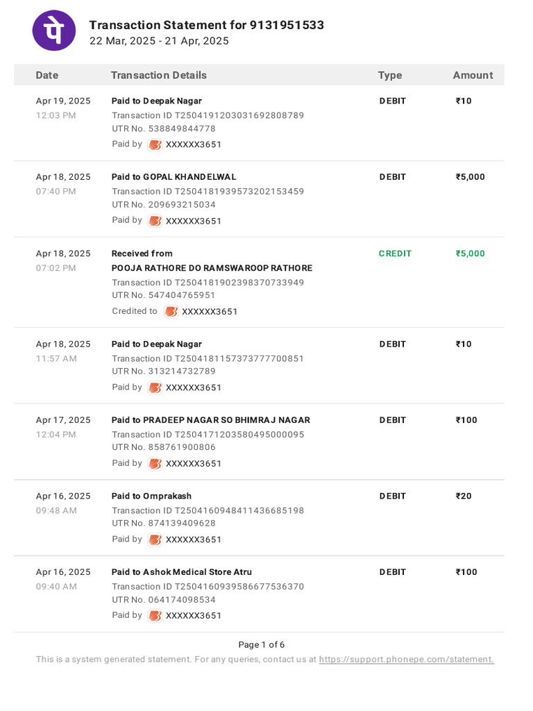PhonePe Statement Mar2025 Apr2025 | PDF | Debit Card | Payments