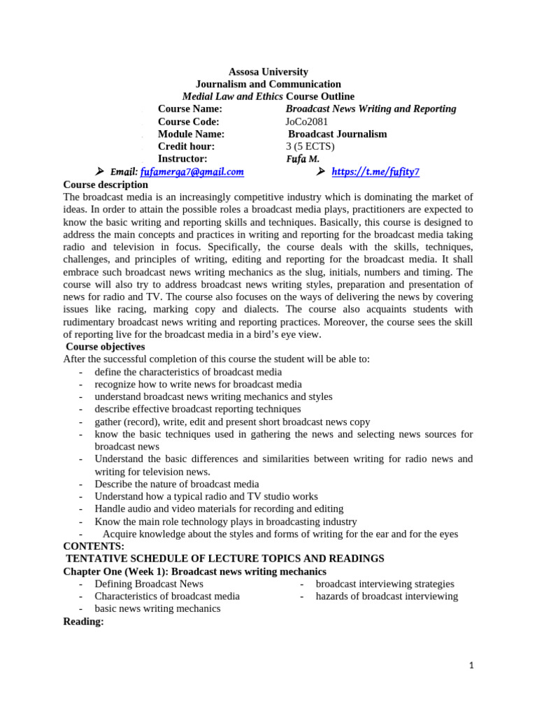 Broadcast News Writing and Reporting Course Outline | PDF | News ...