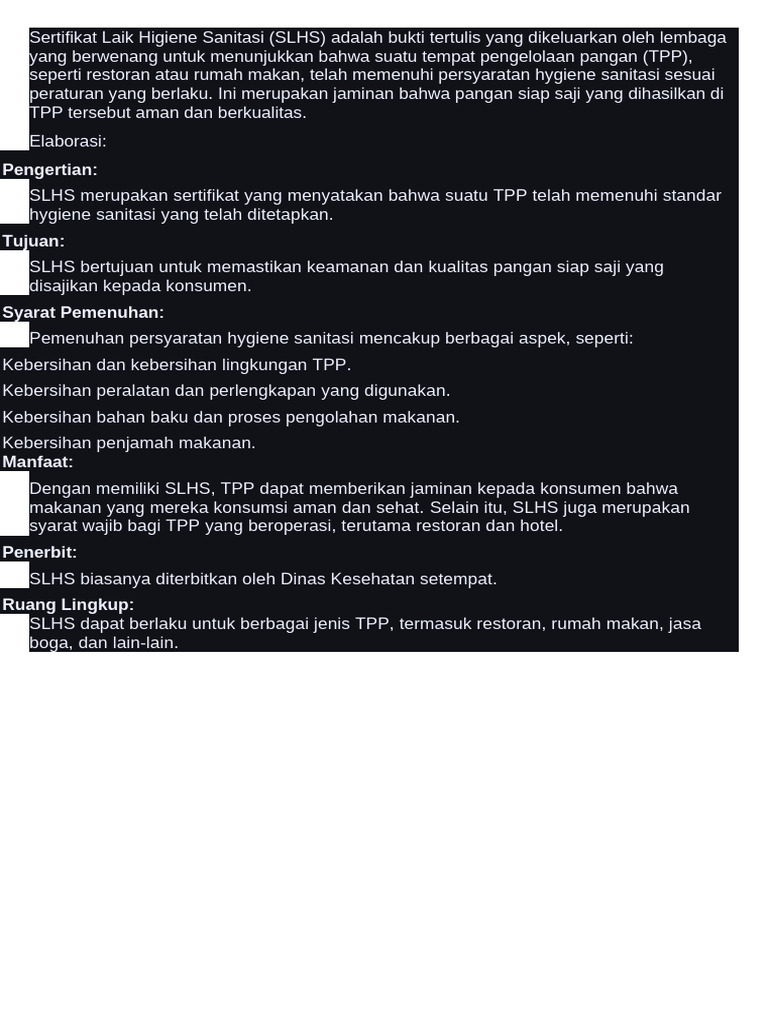Sertifikat Laik Higiene Sanitasi (SLHS) | PDF
