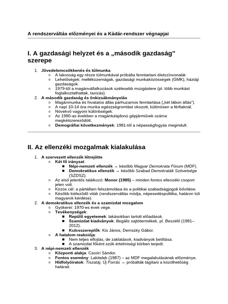 A Rendszerváltás Előzményei És A Kádár-Rendszer Végnapjai | PDF