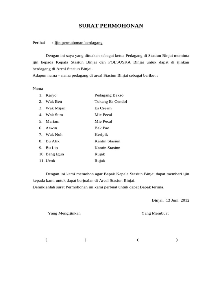 SURAT PERMOHONAN Ijin Berdagang | PDF