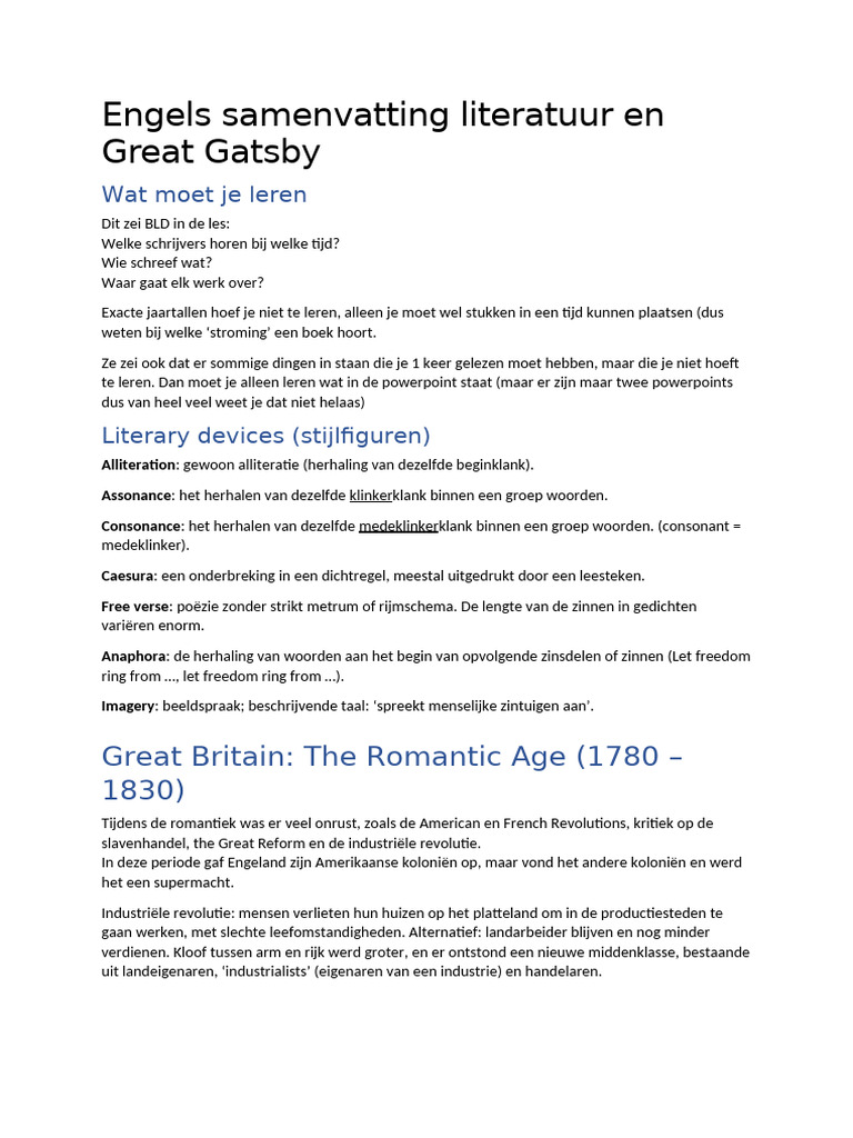 Engels Samenvatting Literatuur en Great Gatsby | PDF