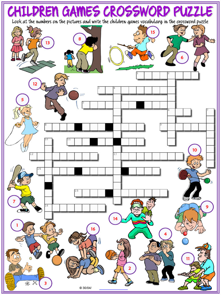 Children Games Vocabulary Esl Crossword Puzzle Worksheet For Kids | PDF