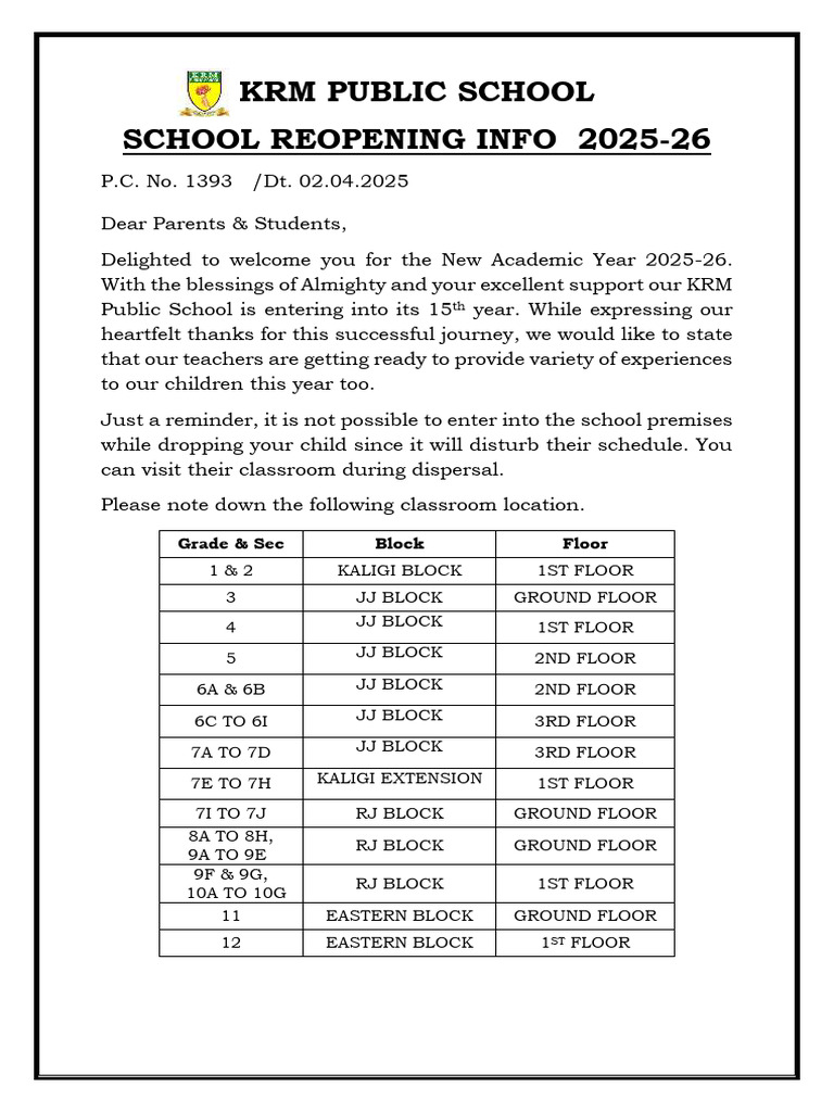 KRM Public School Reopening Info 2025-26 | PDF