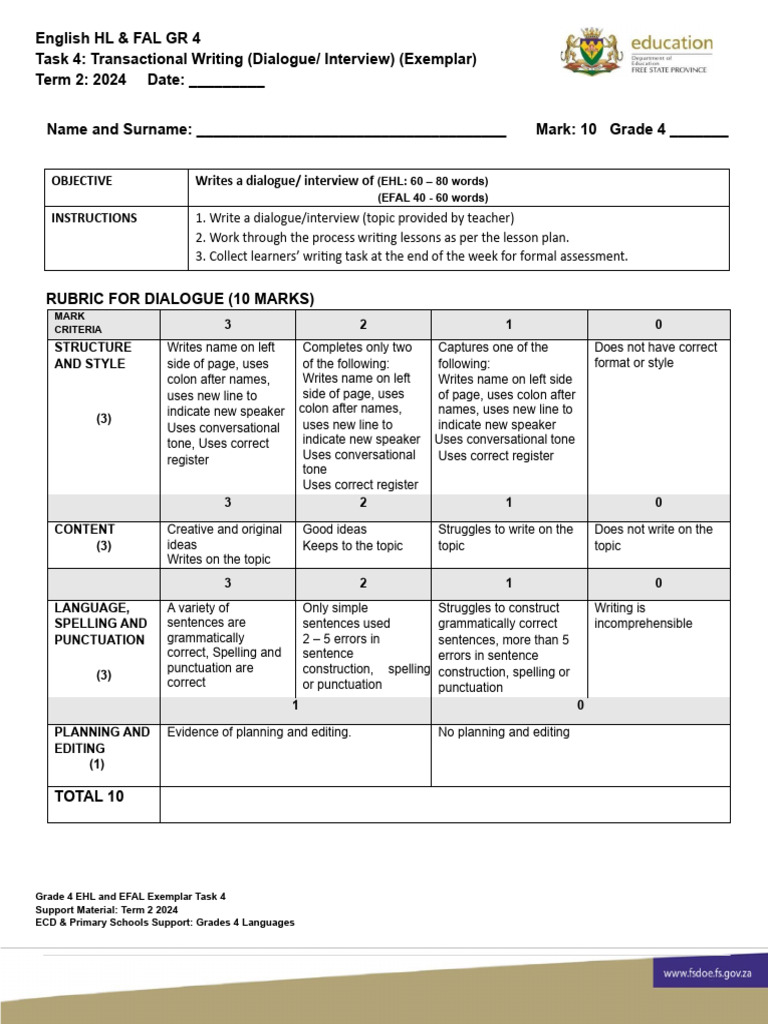 Grade 4 Writing Task 4 Term 2 2024 | PDF | Human Communication | Linguistics