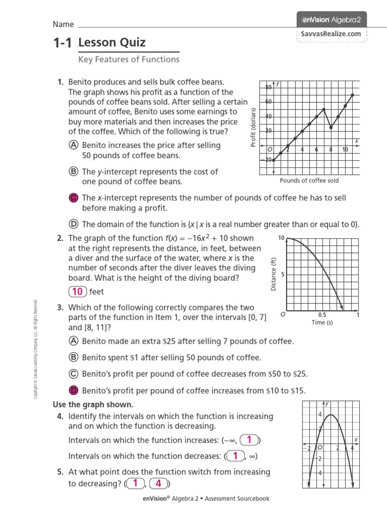 Answer Key - 1-1 - Lesson Quiz | PDF | Function (Mathematics) | Coffee